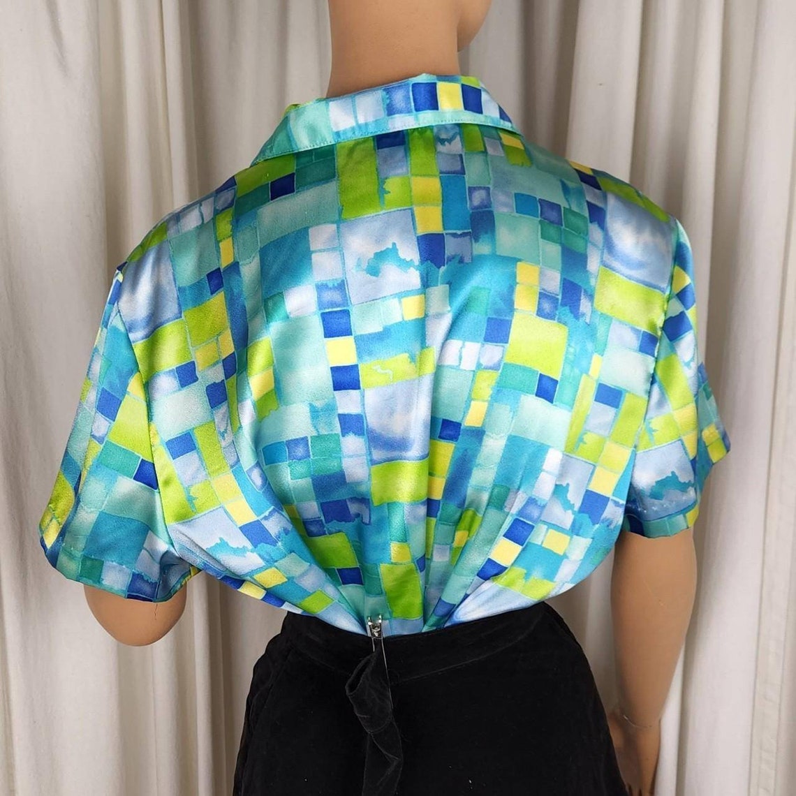 Vintage Cube Blouse From the 1980s by Requirements, Blue and Green ...