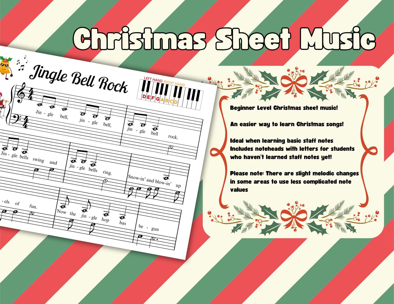 Jingle Bell Rock Sheet Music for Beginner, Christmas Sheet Music, Piano ...