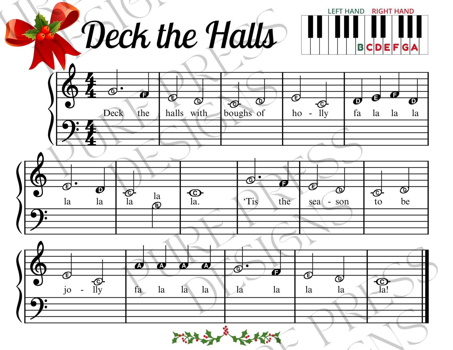 Deck the Halls Sheet Music for Beginner, Christmas Sheet Music, Piano ...