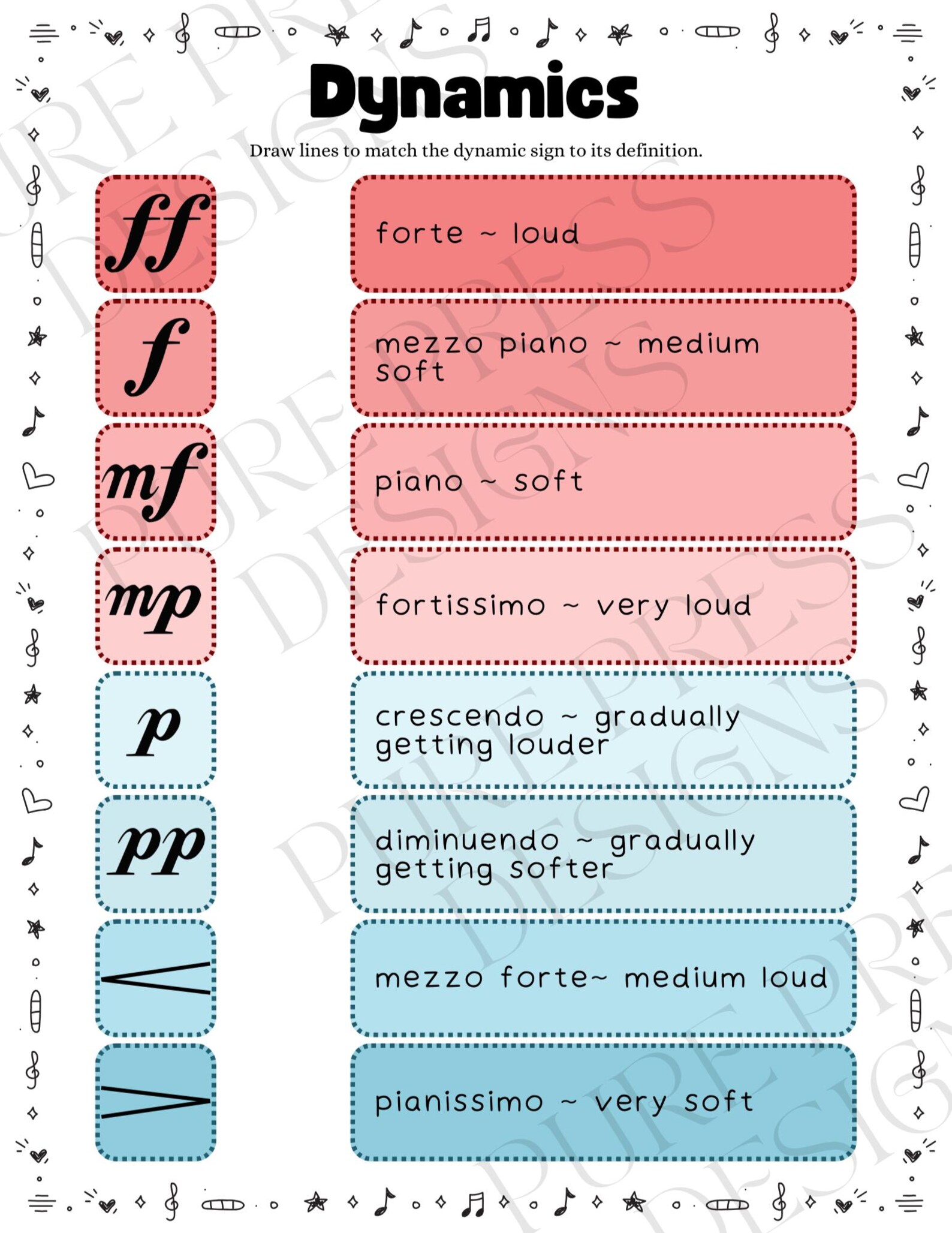 Music Theory Worksheet: Dynamic Signs (forte, Piano, Crescendo ...