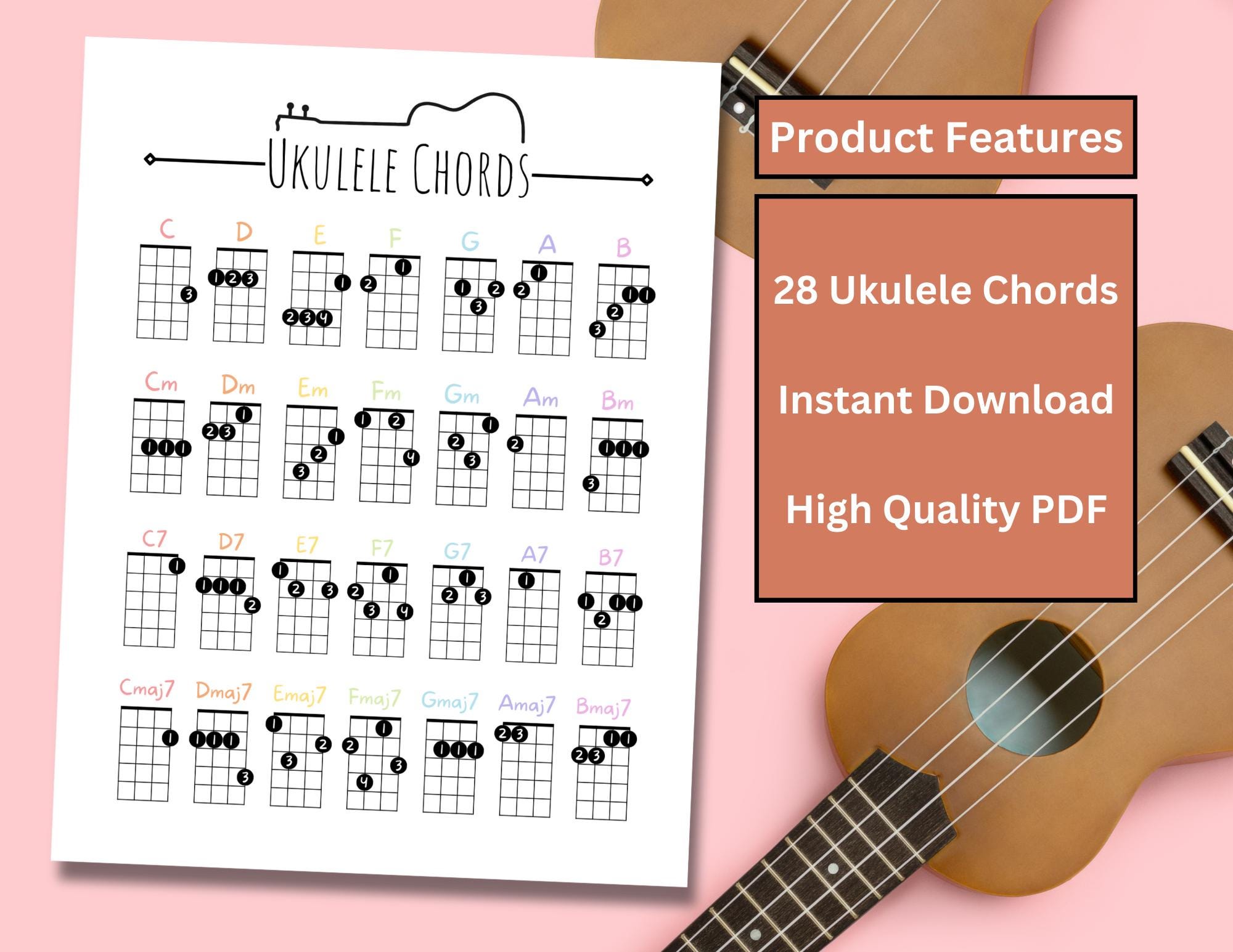 Beginner Ukulele Chords Poster, Printable Easy Ukulele Chords, Chord ...