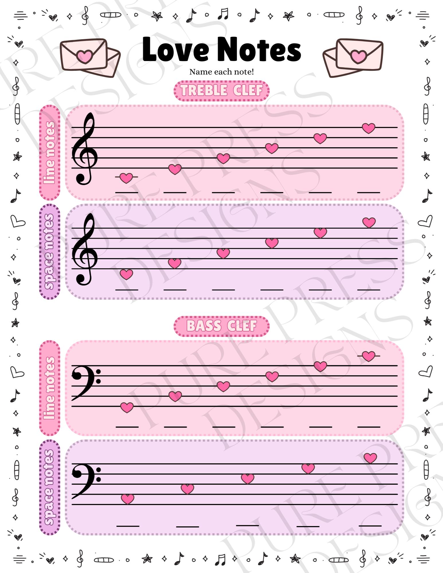Valentine's Themed Music Theory Note Naming Worksheet | Fun Printable ...