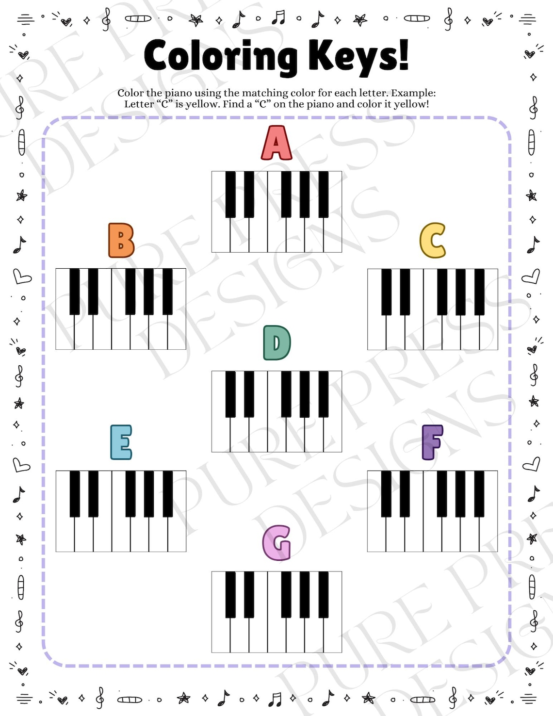 Fun Piano Keys Worksheet – Color the Correct Musical Alphabet Letter ...