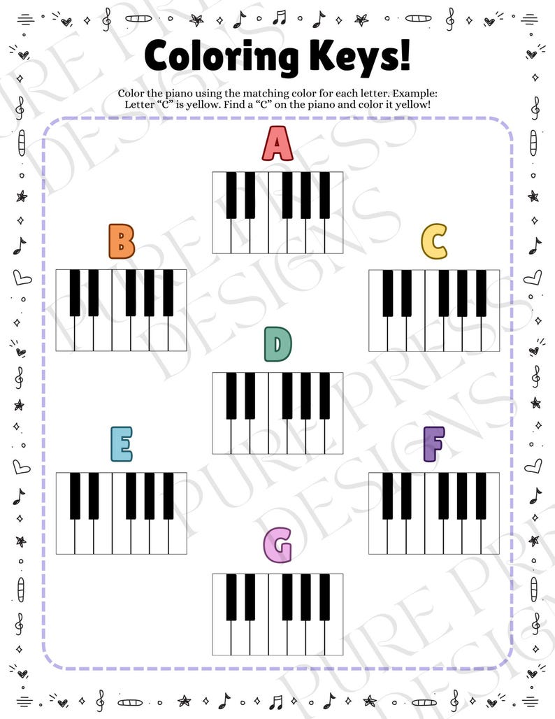 Fun Piano Keys Worksheet – Color the Correct Musical Alphabet Letter ...