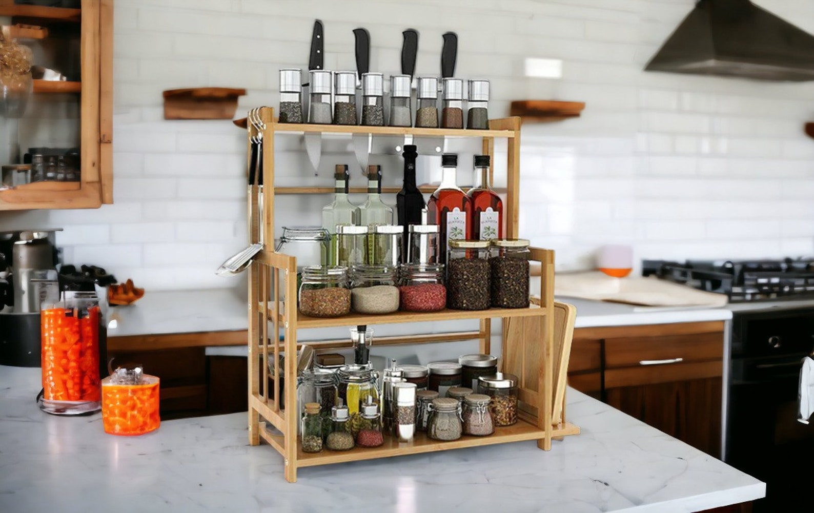 Kitchen Rack 3 Tier Bamboo Spice Rack Herb Jar Kitchen Shelf - Etsy