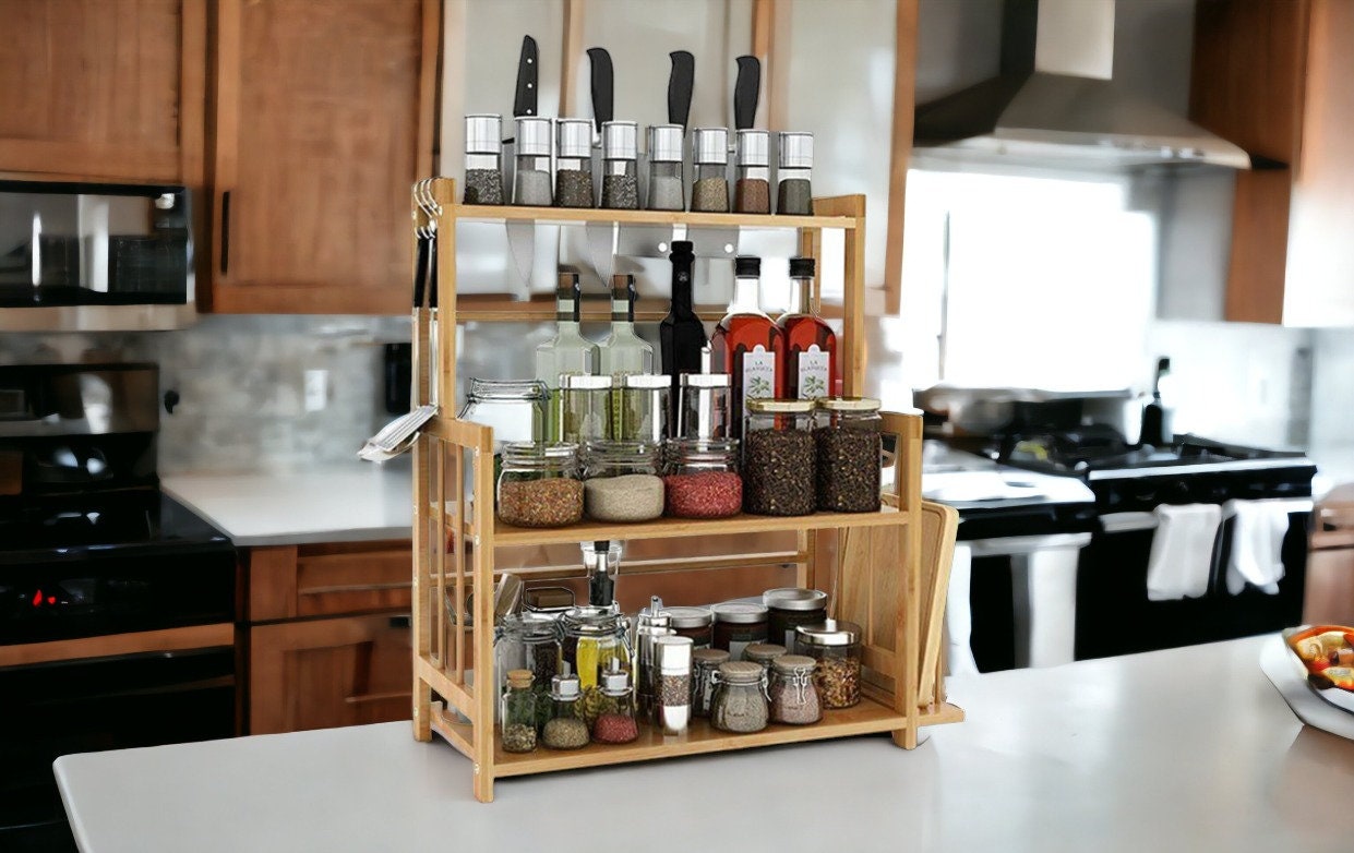Kitchen Rack 3 Tier Bamboo Spice Rack Herb Jar Kitchen Shelf - Etsy