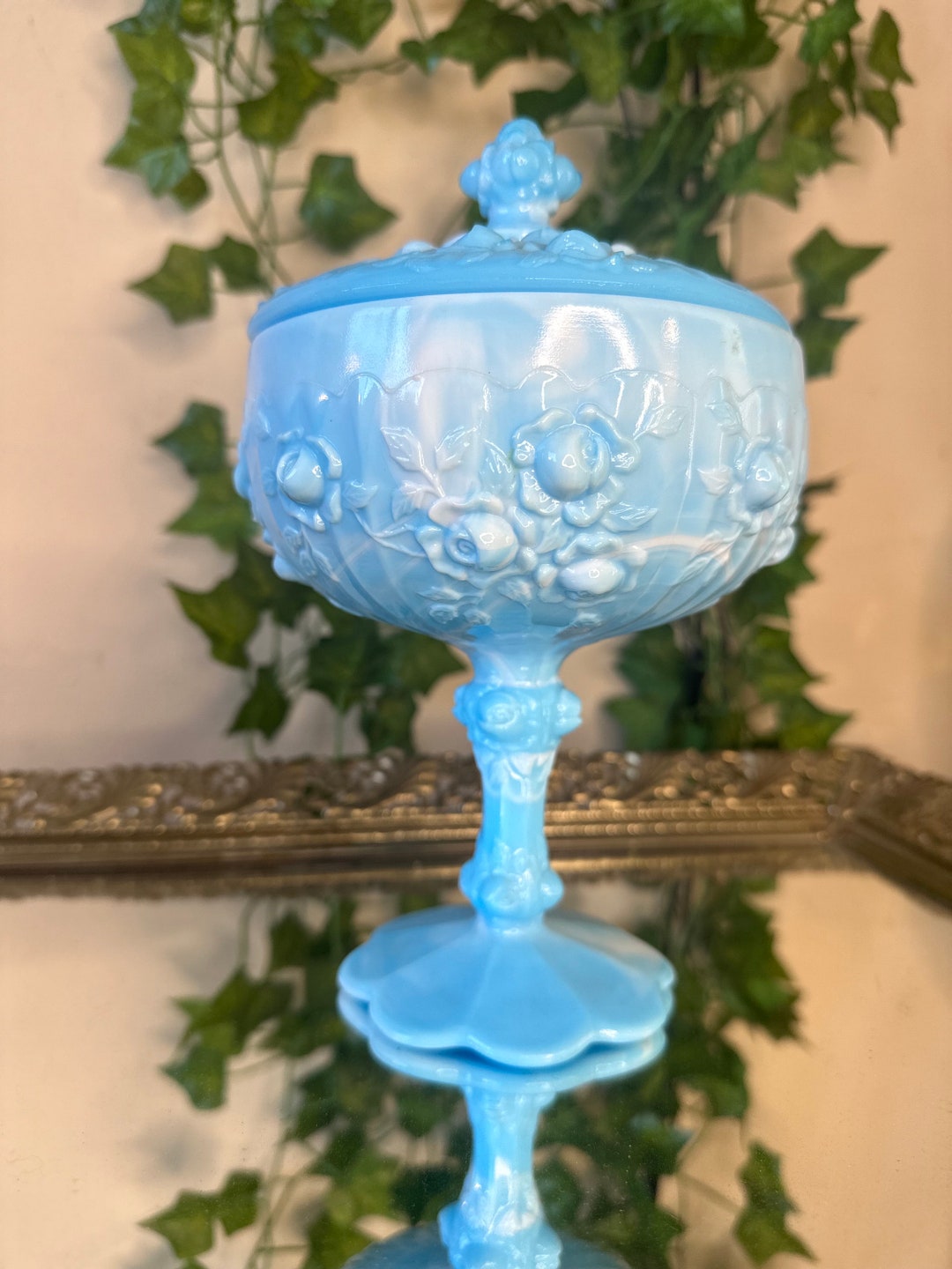 Vintage Fenton Blue & White Slag Glass Lidded Candy Dish/ Compote ...