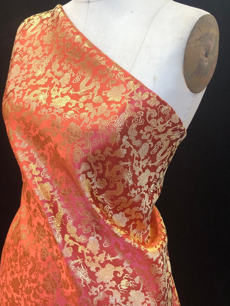 COPPER With GOLD Small Dragon - Jacquard Brocade Fabric 45" - Costume ...