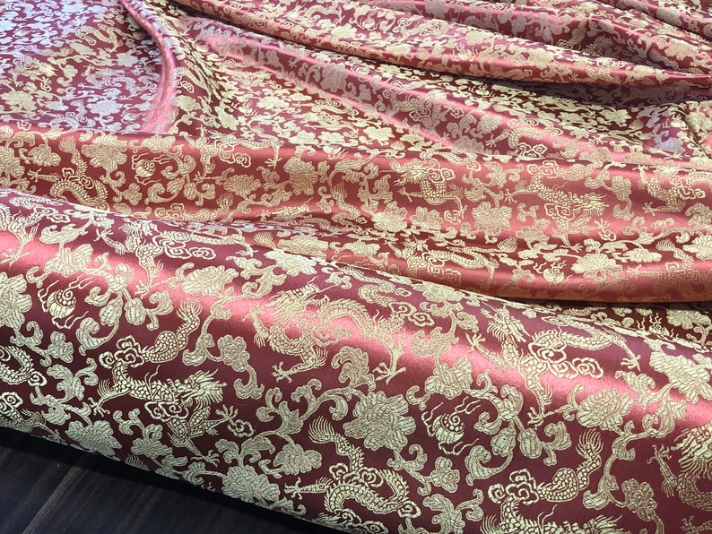 COPPER With GOLD Small Dragon - Jacquard Brocade Fabric 45" - Costume ...