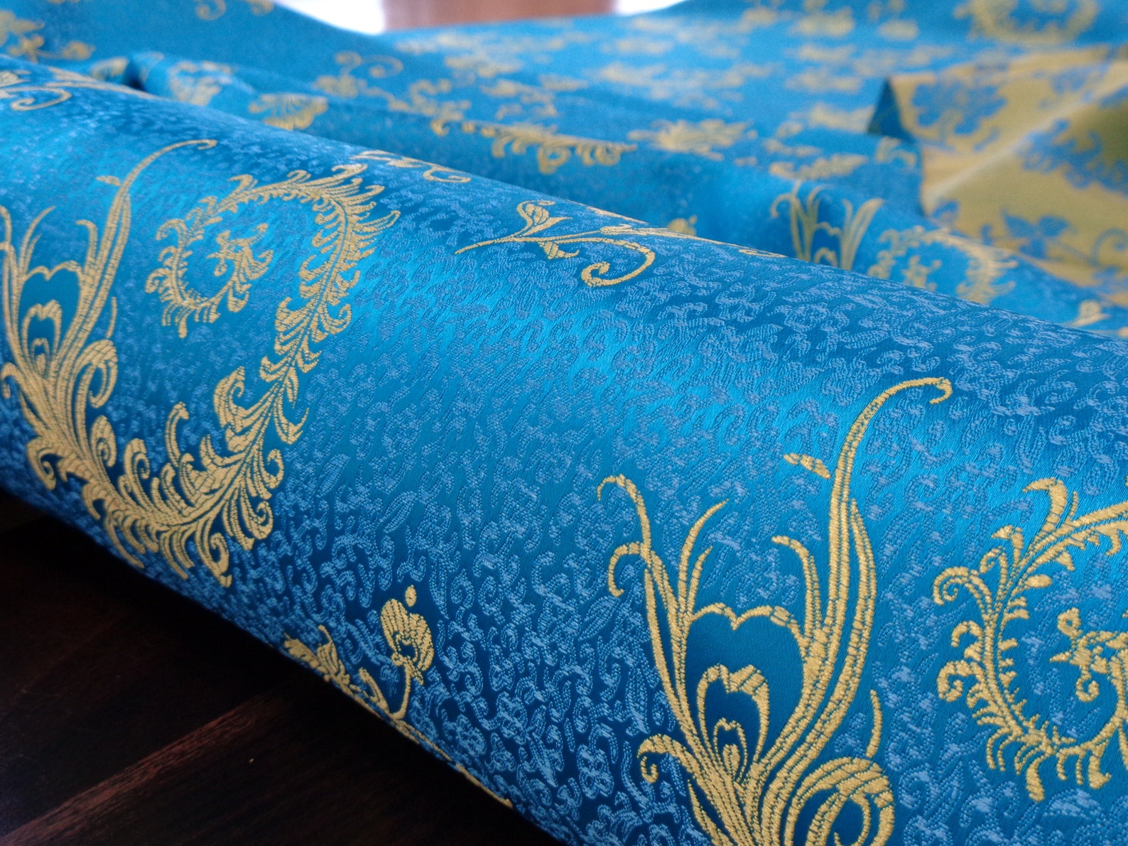 TURQUOISE With GOLD Phoenix Feather - Jacquard Brocade Fabric 56" - Etsy