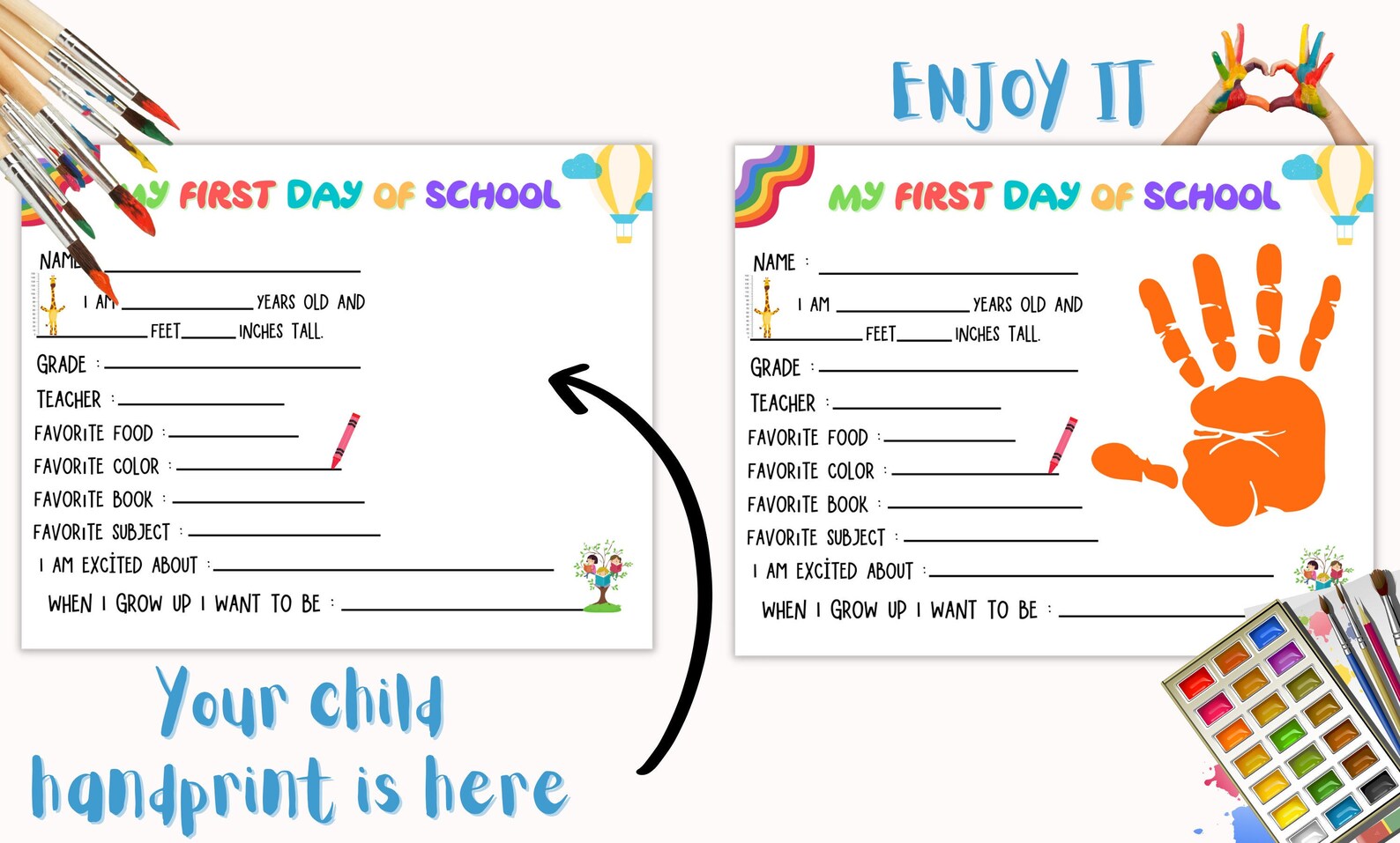 Back to School Handprint Art, All About Me Questionnaire, First Day of ...