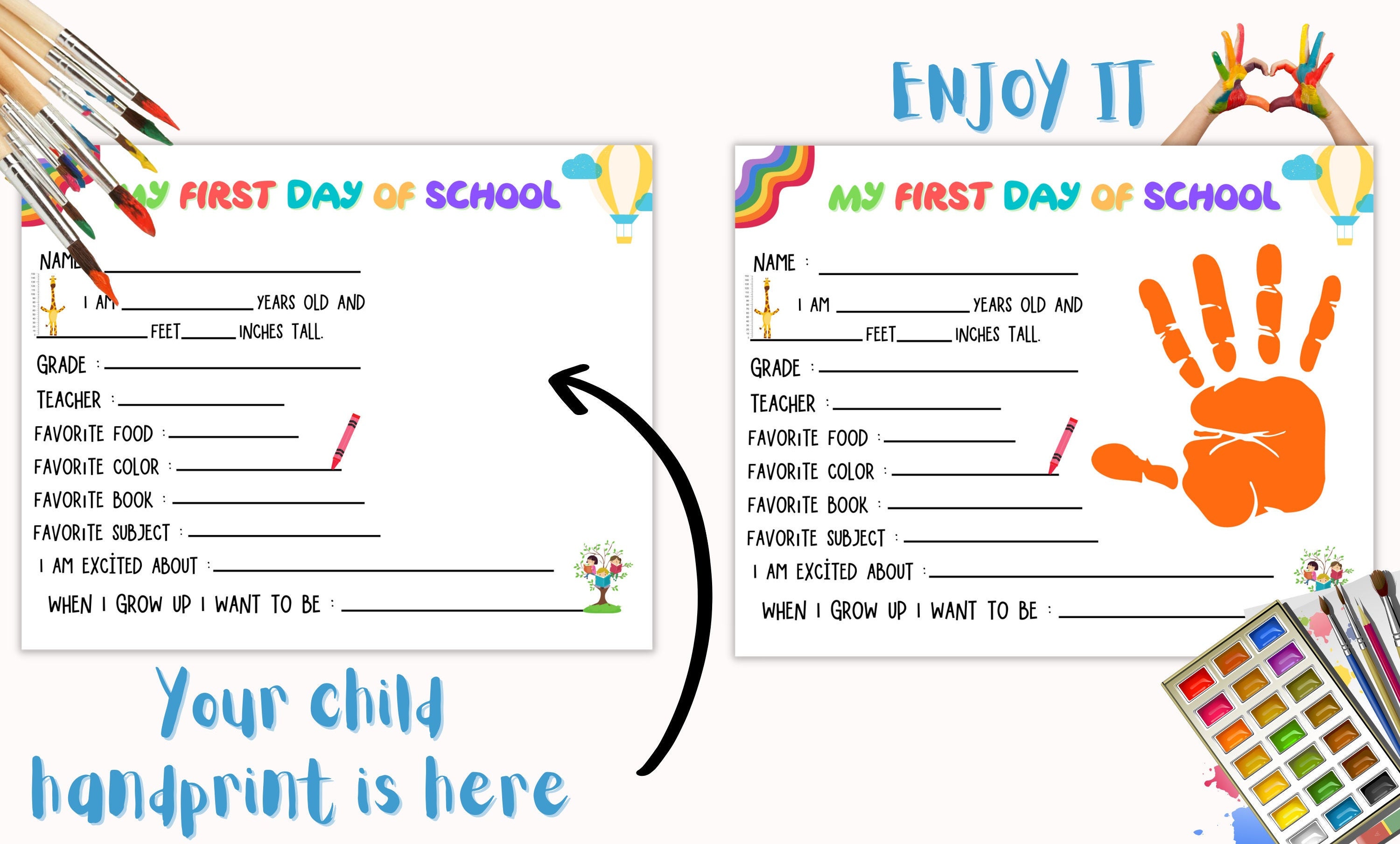 Back to School Handprint Art, All About Me Questionnaire, First Day of ...