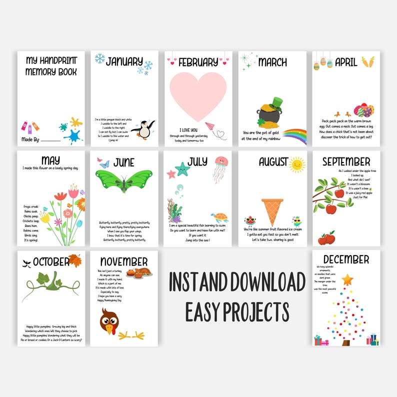 Memory Book Handprint Craft, Printable Handprint Calendar Activity, 12 ...