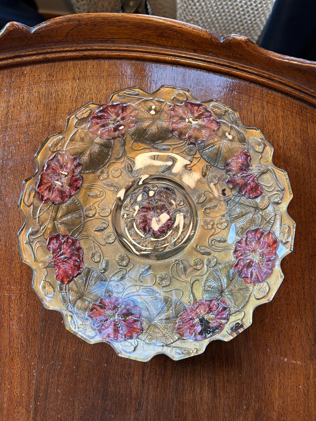 Antique Early 1900’s Goofus Glass Plate Gold Paint Red Flowers ...