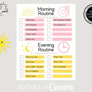 Kids Chore Chart Template, Morning Bedtime Routine, Nighttime Checklist ...