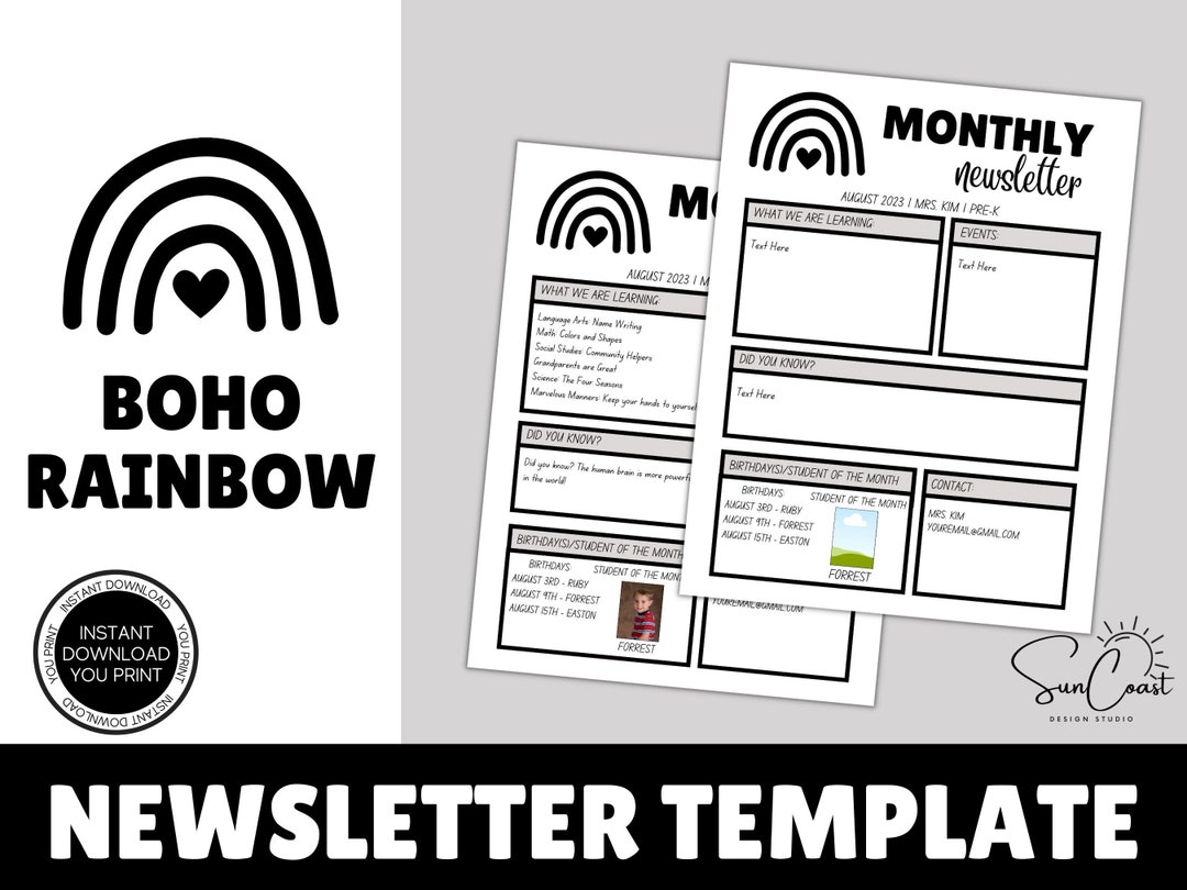 School Newsletter Template Editable, Boho Rainbow Newsletter, Classroom ...