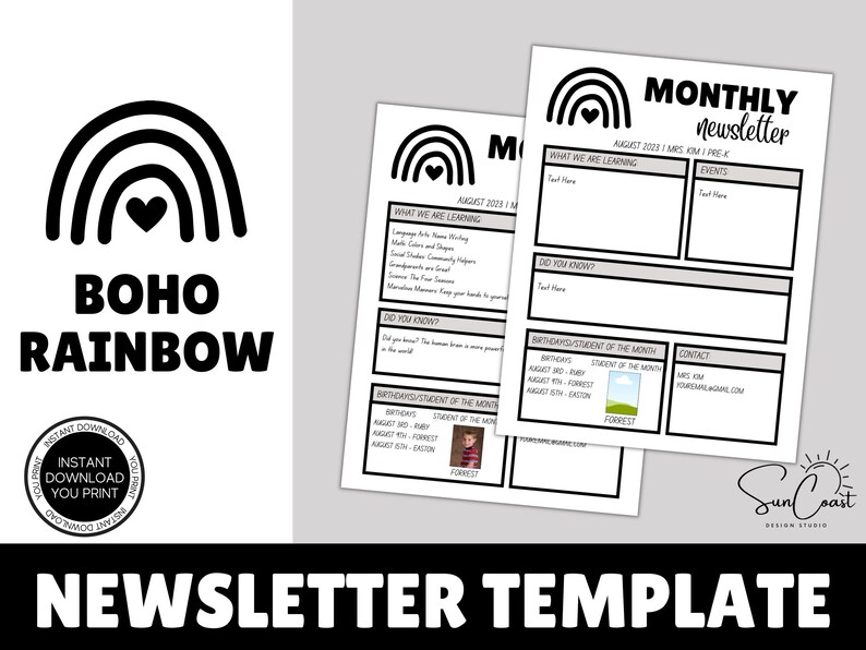 School Newsletter Template Editable, Boho Rainbow Newsletter, Classroom ...