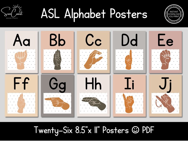 ASL American Sign Language Alphabet Posters | BOHO Dotted | Neutral ...