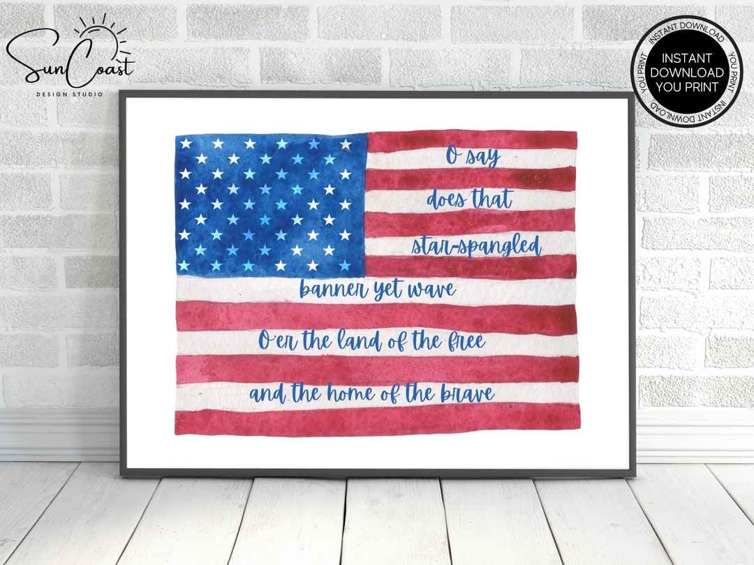 4th of July Printable, National Anthem, Watercolor Flag, Patriotic ...