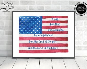 4th of July Printable, National Anthem, Watercolor Flag, Patriotic ...