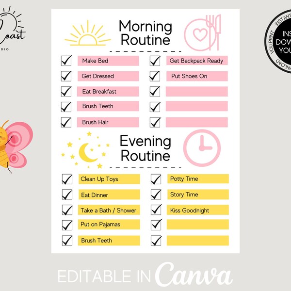 Kids Chore Chart Template, Morning Bedtime Routine, Nighttime Checklist ...