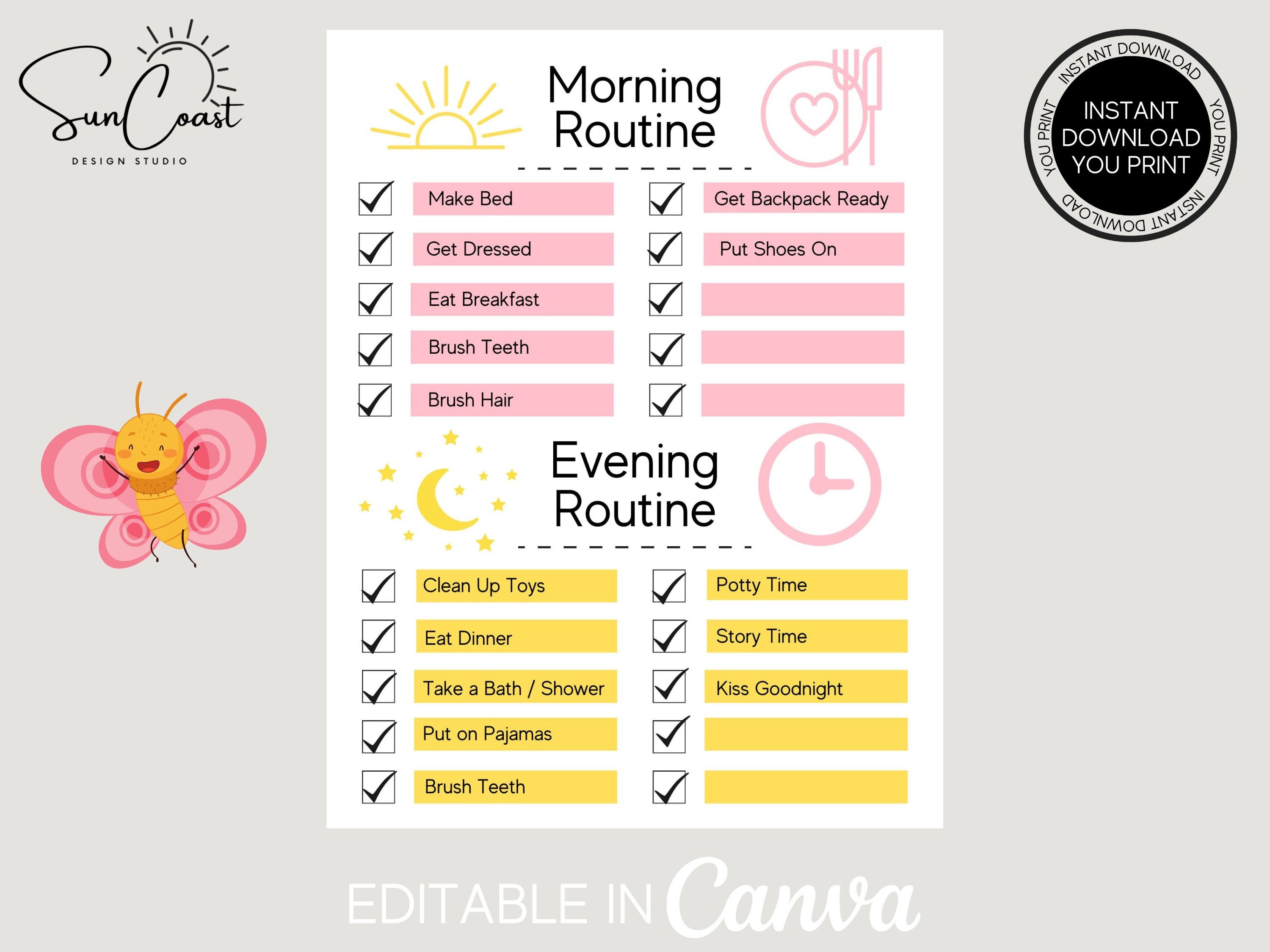 Kids Chore Chart Template, Morning Bedtime Routine, Nighttime Checklist ...