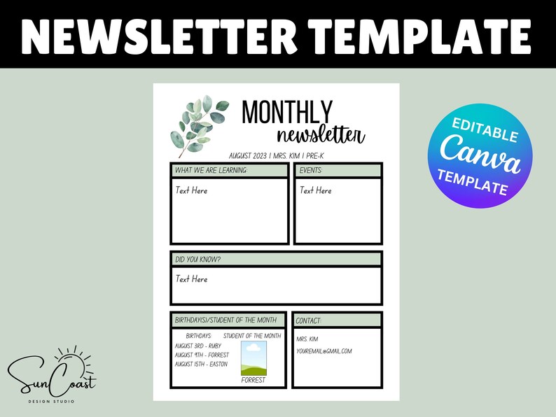 School Newsletter Template Editable, Eucalyptus Newsletter, Classroom ...