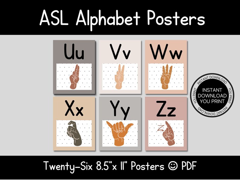ASL American Sign Language Alphabet Posters | BOHO Dotted | Neutral ...