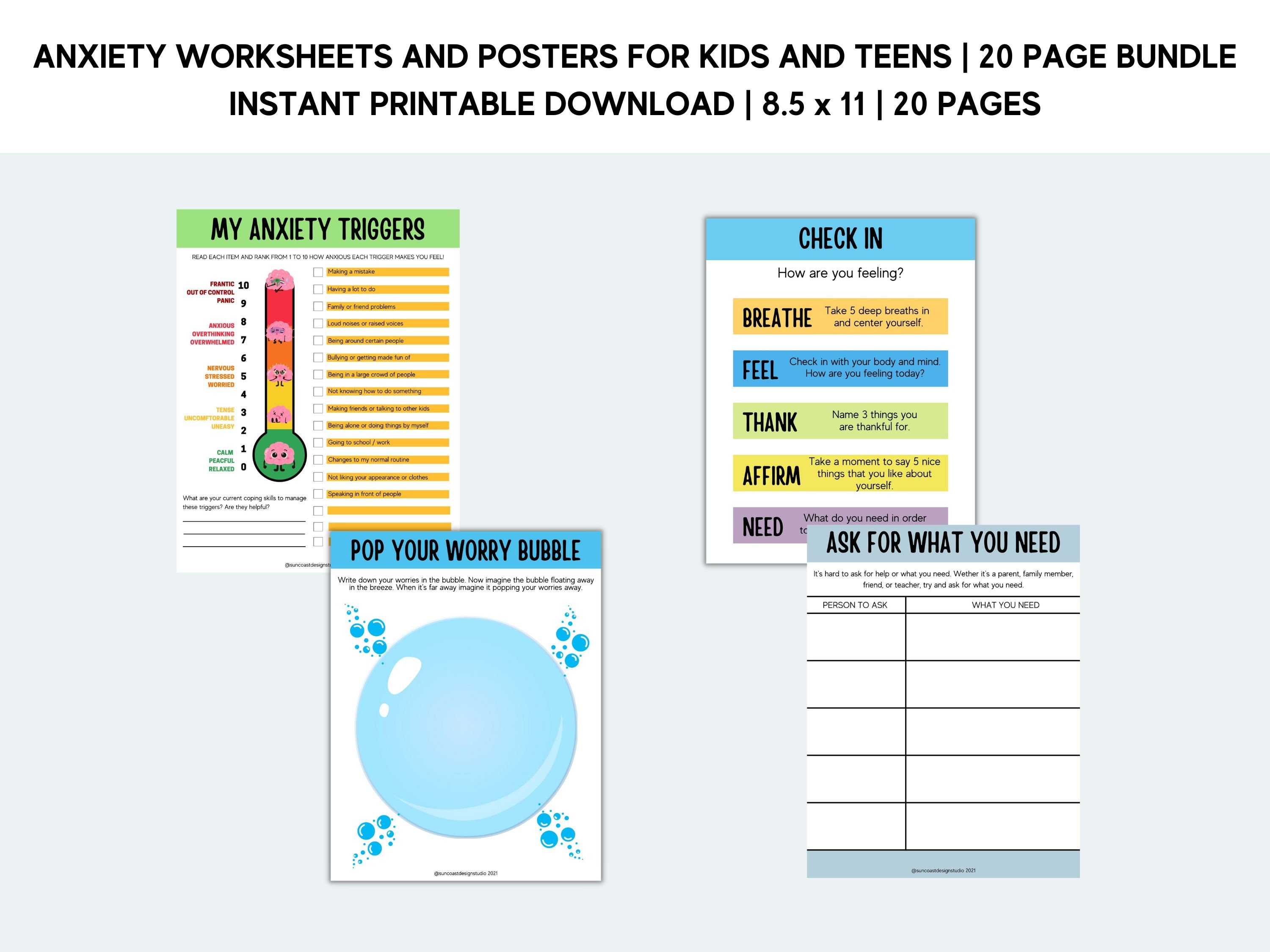 Anxiety Worksheets, Printable Bundle for Kids and Teens, Therapy ...