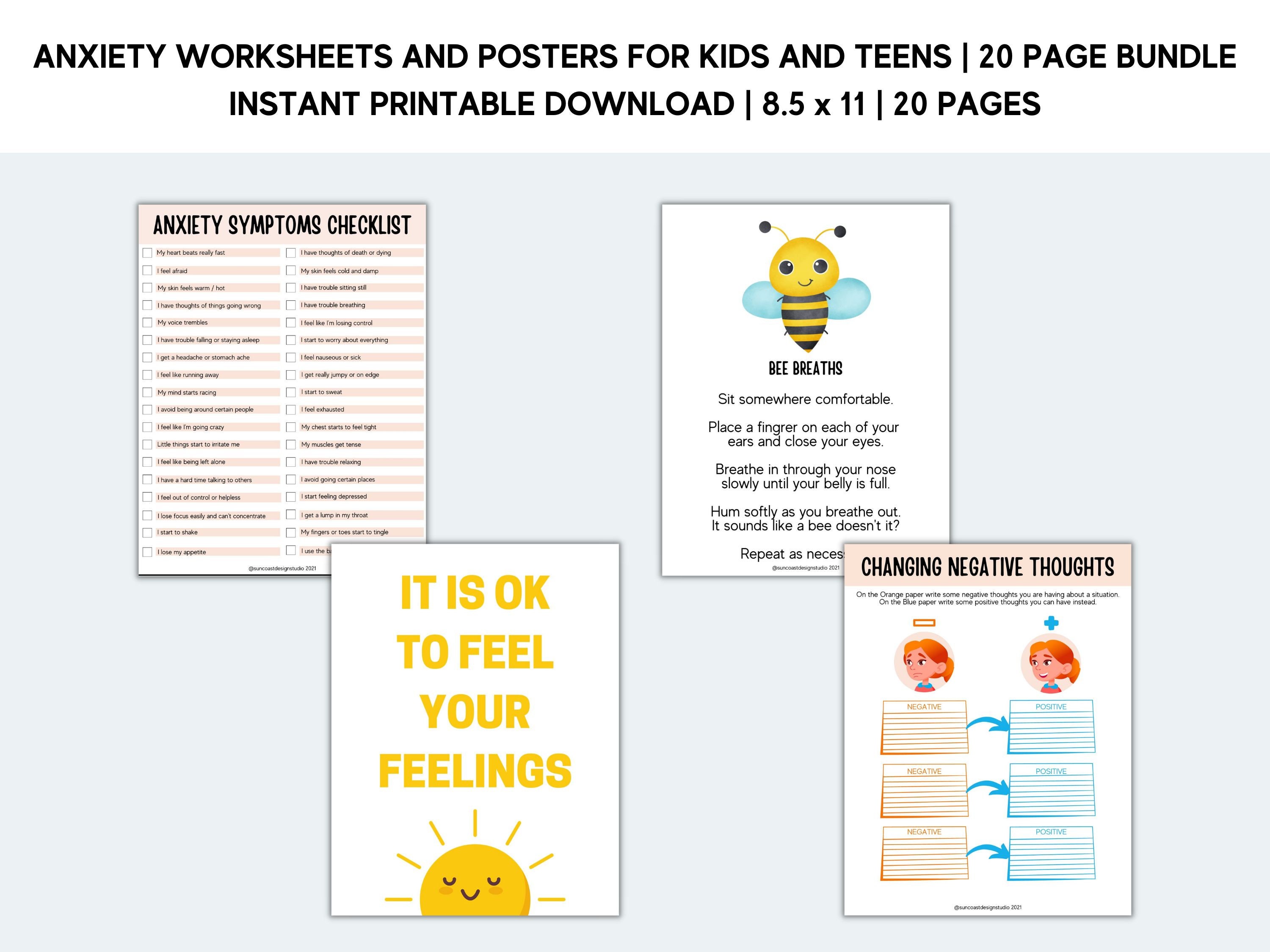 Anxiety Worksheets, Printable Bundle for Kids and Teens, Therapy ...