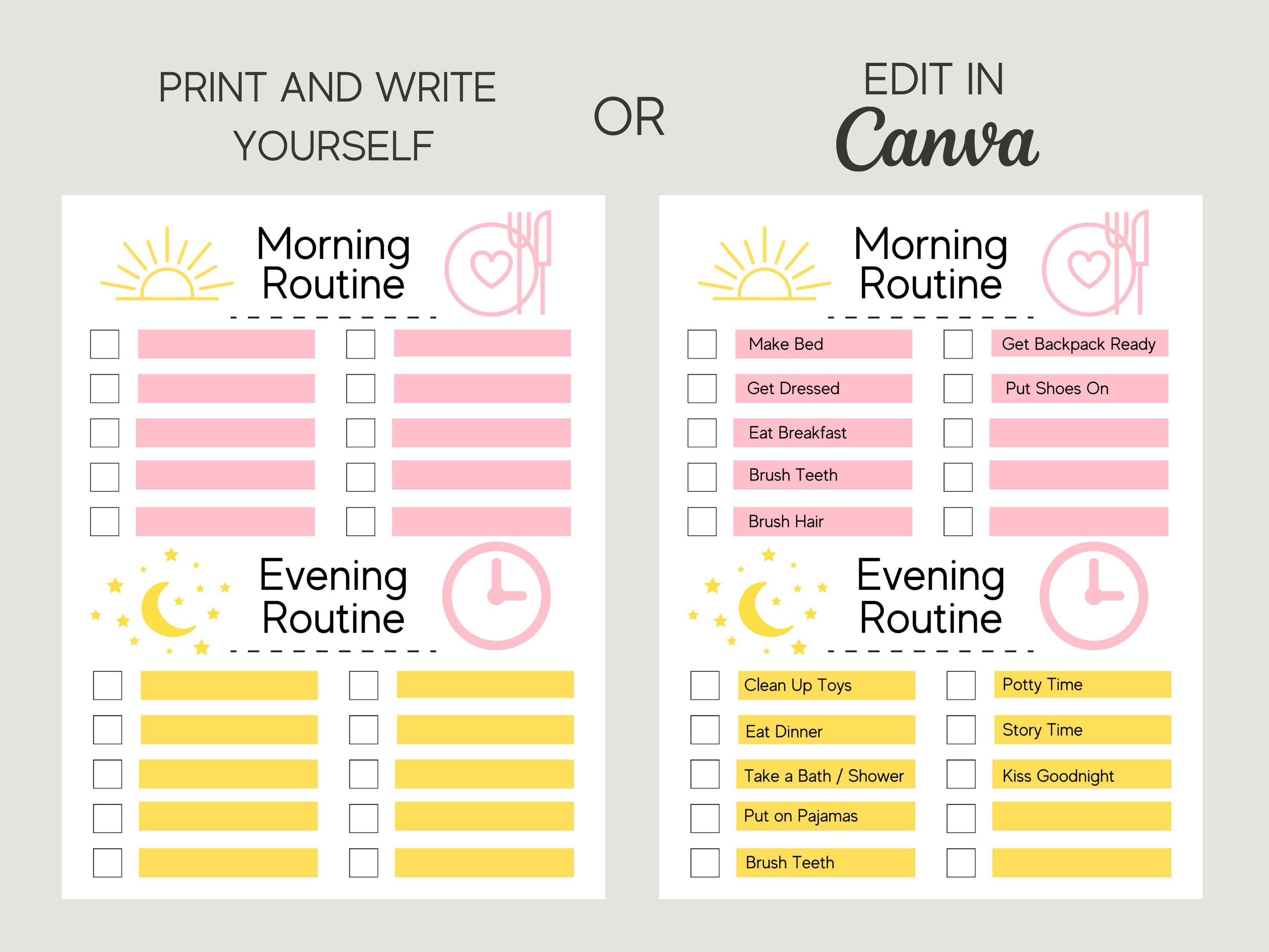 Kids Chore Chart Template, Morning Bedtime Routine, Nighttime Checklist ...