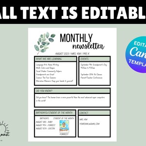 School Newsletter Template Editable, Eucalyptus Newsletter, Classroom ...