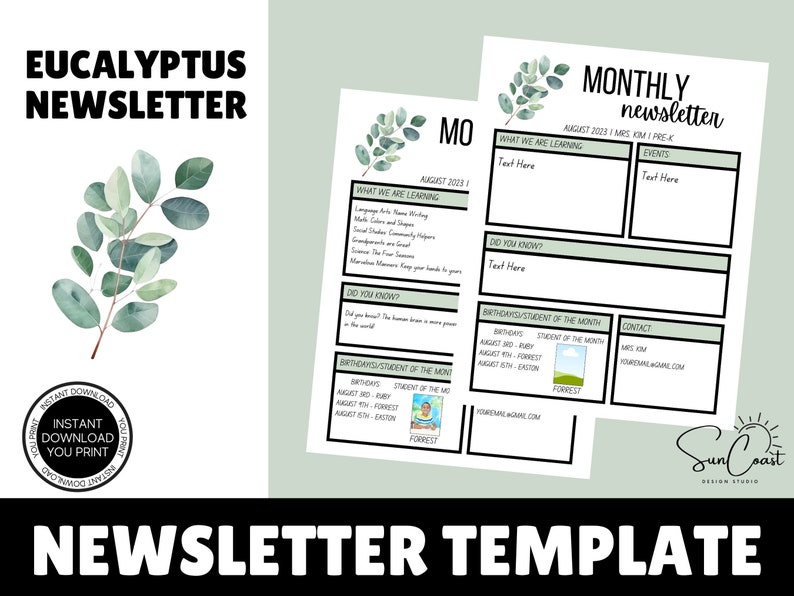School Newsletter Template Editable, Eucalyptus Newsletter, Classroom ...