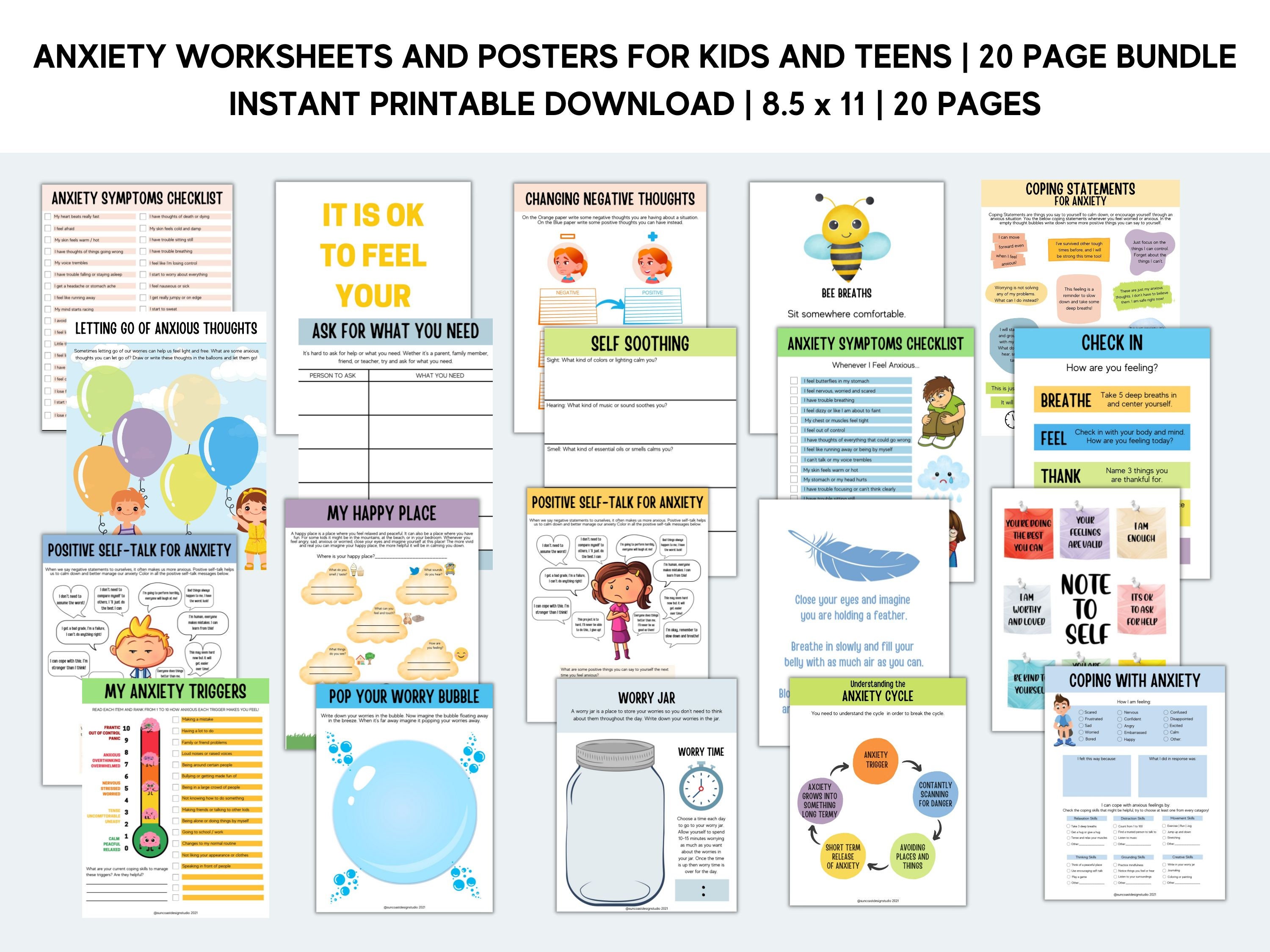Anxiety Worksheets, Printable Bundle for Kids and Teens, Therapy ...