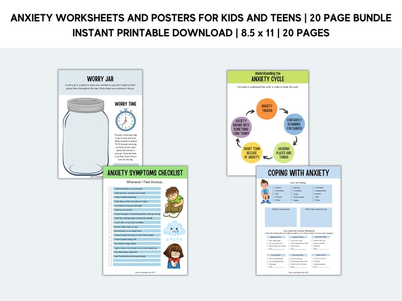 Anxiety Worksheets, Printable Bundle for Kids and Teens, Therapy Counseling, Social Anxiety ...