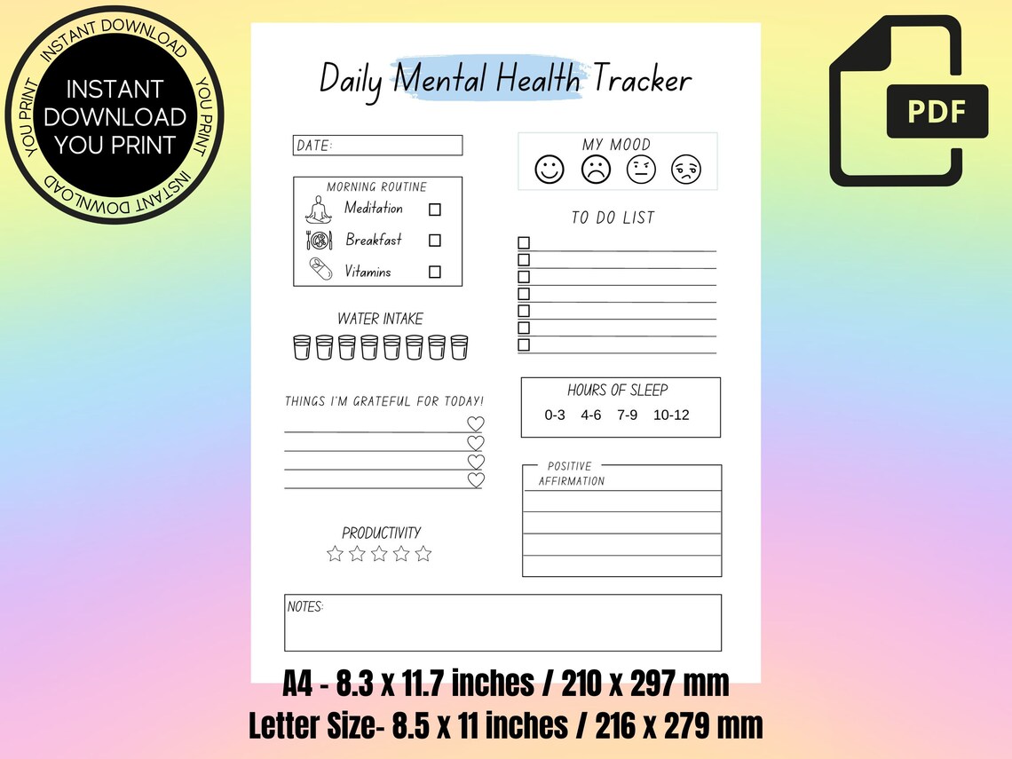 Daily Mental Health Tracker Printable Mood Tracker Self Care Journal ...