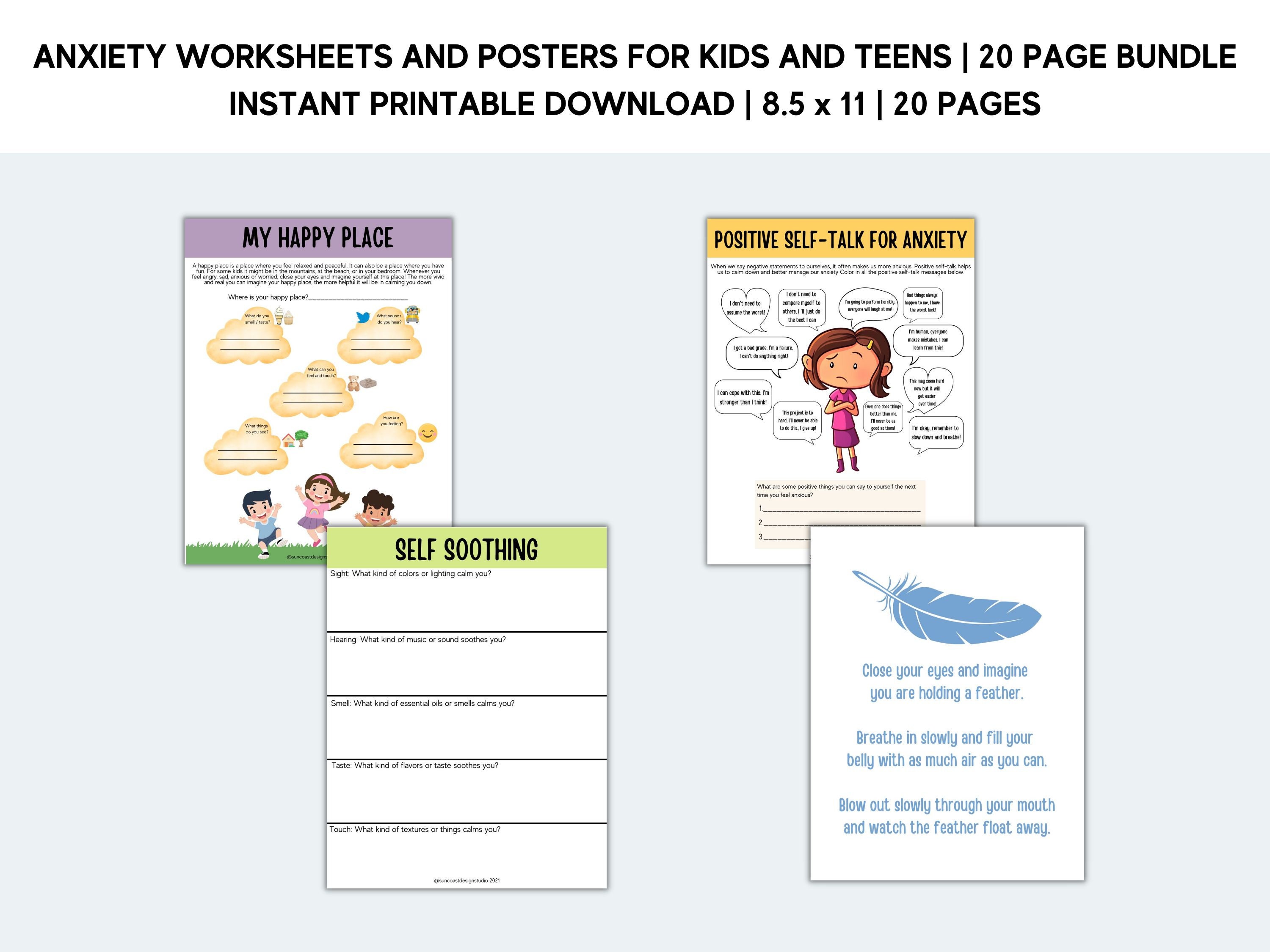 Anxiety Worksheets, Printable Bundle for Kids and Teens, Therapy ...