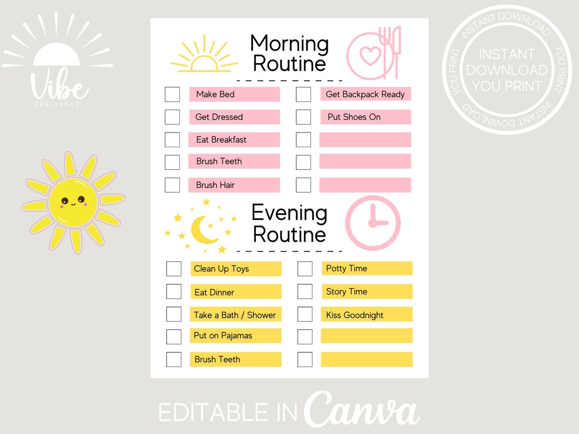 Kids Chore Chart Template Morning Bedtime Routine Nighttime - Etsy