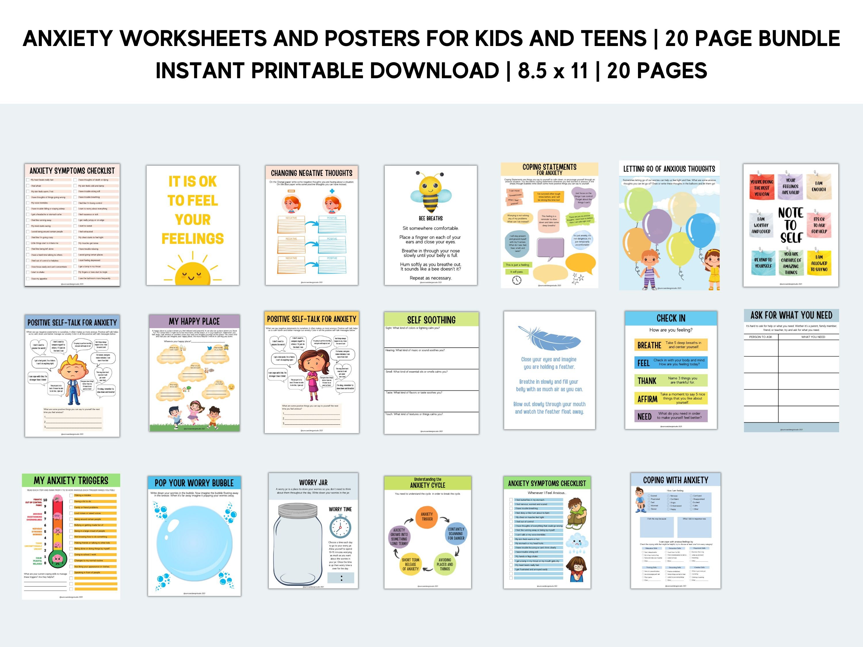 Anxiety Worksheets Printable Bundle For Kids And Teens Therapy