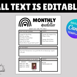 School Newsletter Template Editable, Boho Rainbow Newsletter, Classroom ...