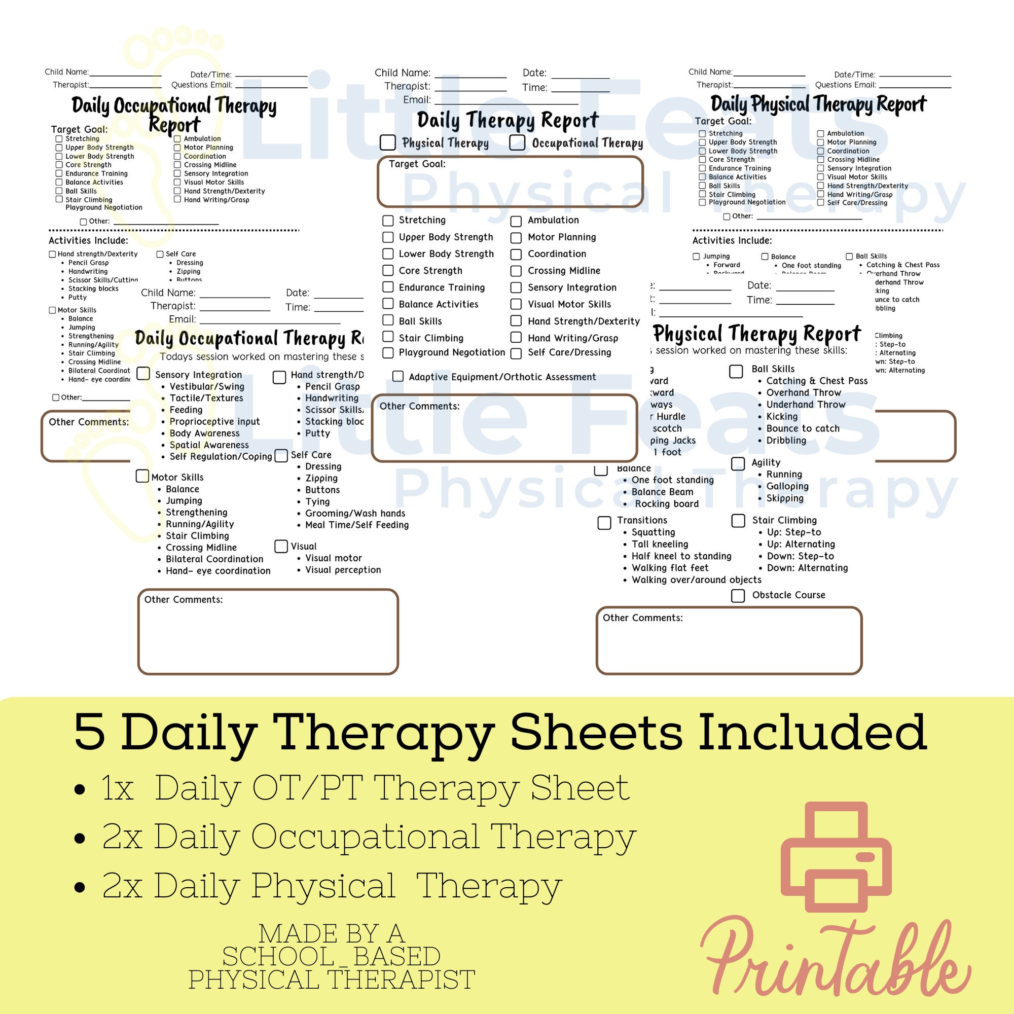 PT OT Daily Therapy Log Sheets School-based Physical Therapy ...