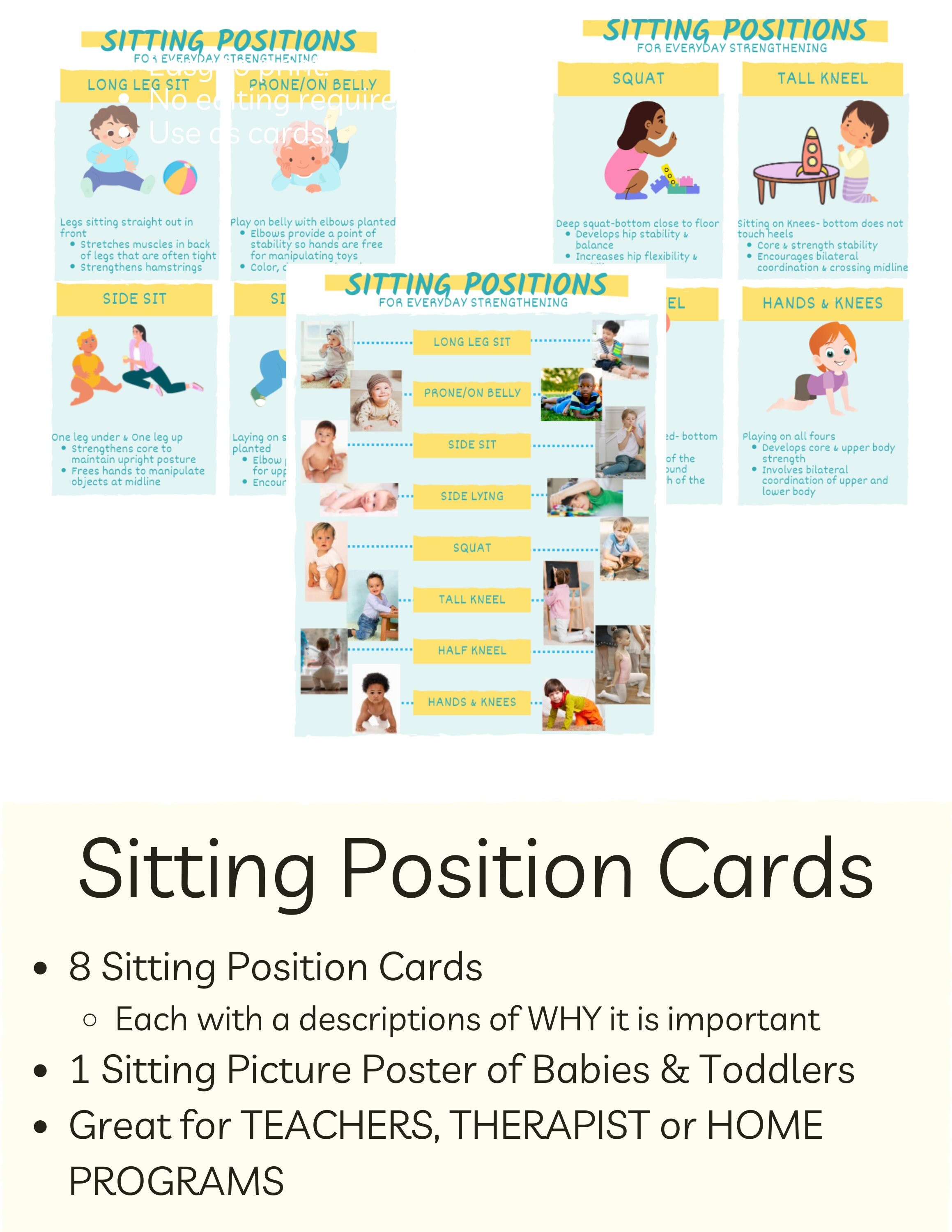 PT OT Sitting Position Cards Side Sit-hands & Knees Tall Kneel Half ...