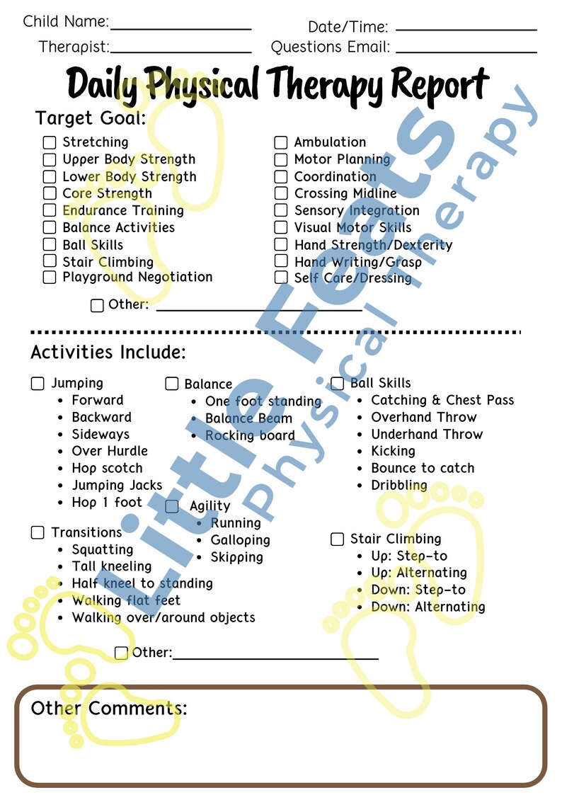 PT OT Daily Therapy Log Sheets School-based Physical Therapy ...