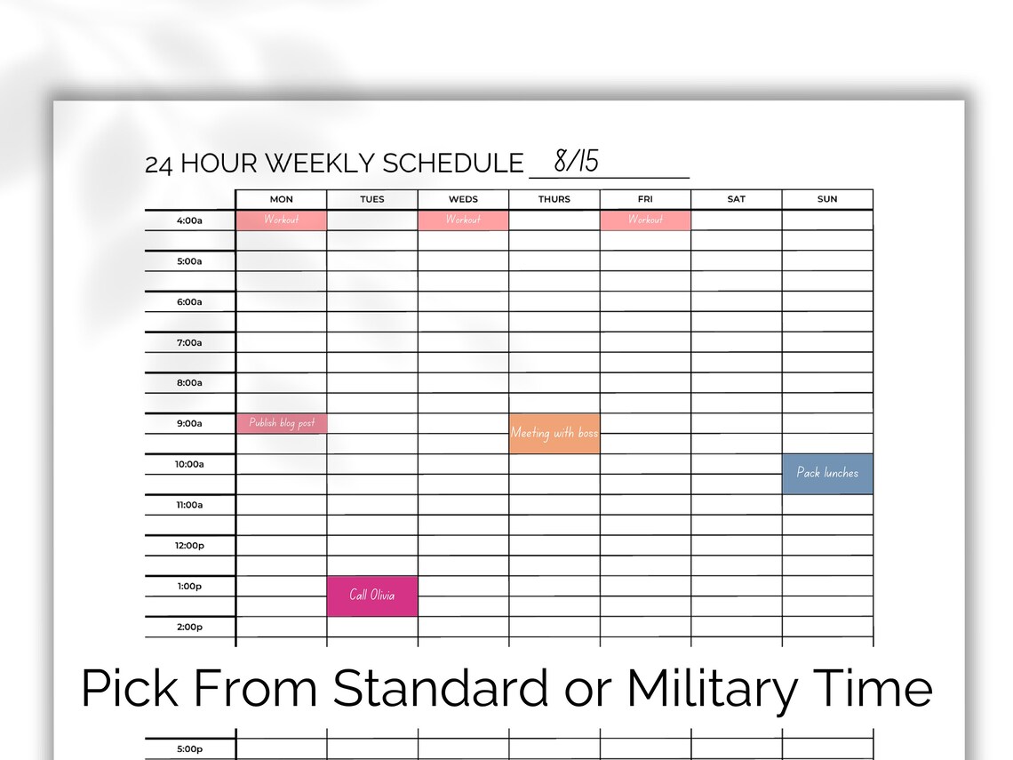 24 Hour Weekly Schedule Printable Planner. Plot Out a Weekly Agenda for ...