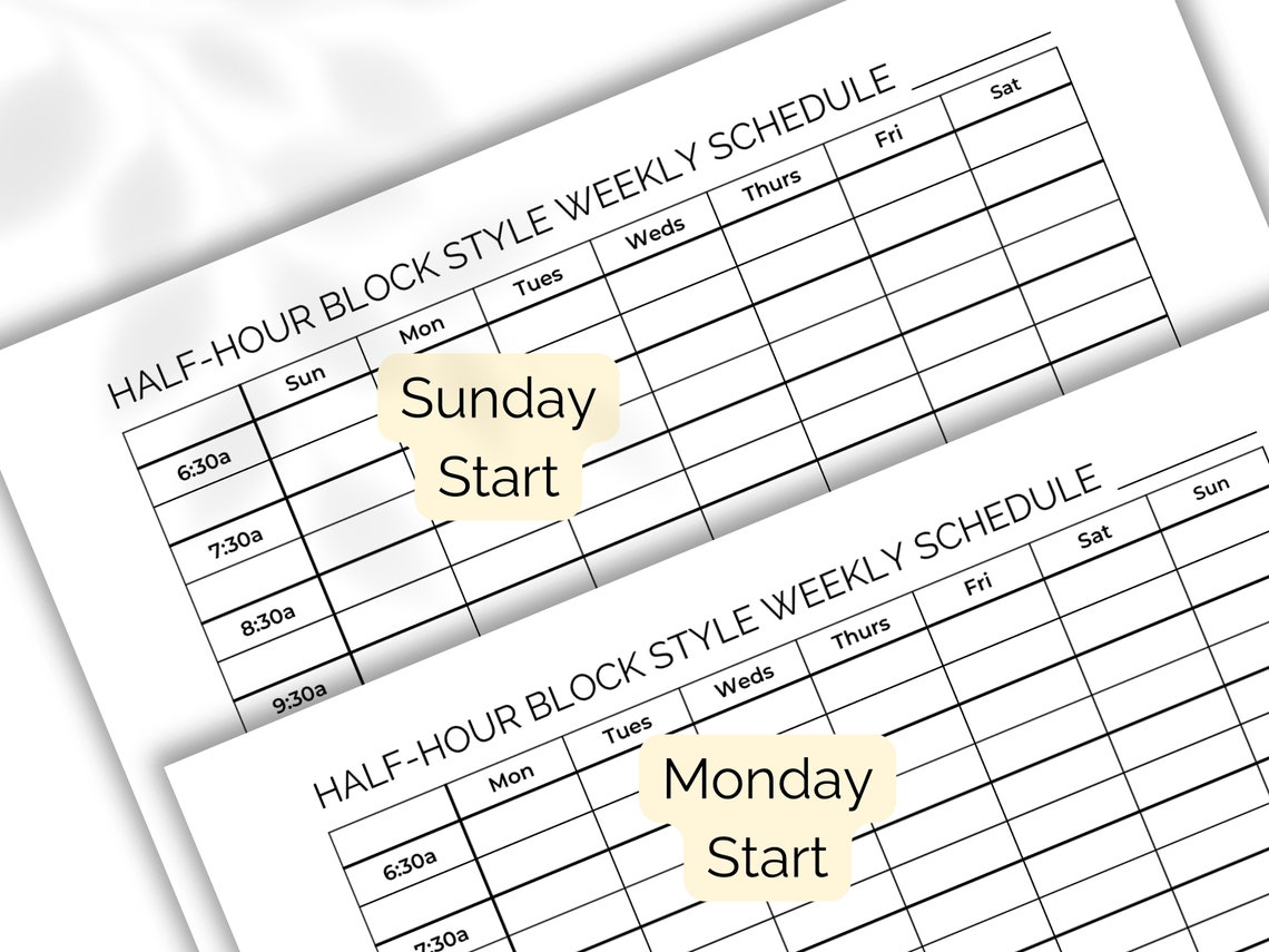 Half Hour Weekly Planner. Block Style Schedule Included. Plot Out Your ...