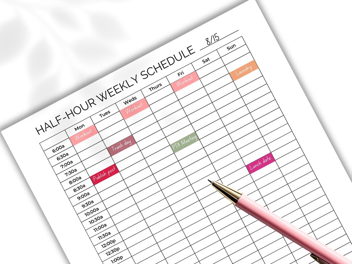 Half Hour Weekly Planner. Block Style Schedule Included. Plot Out Your ...