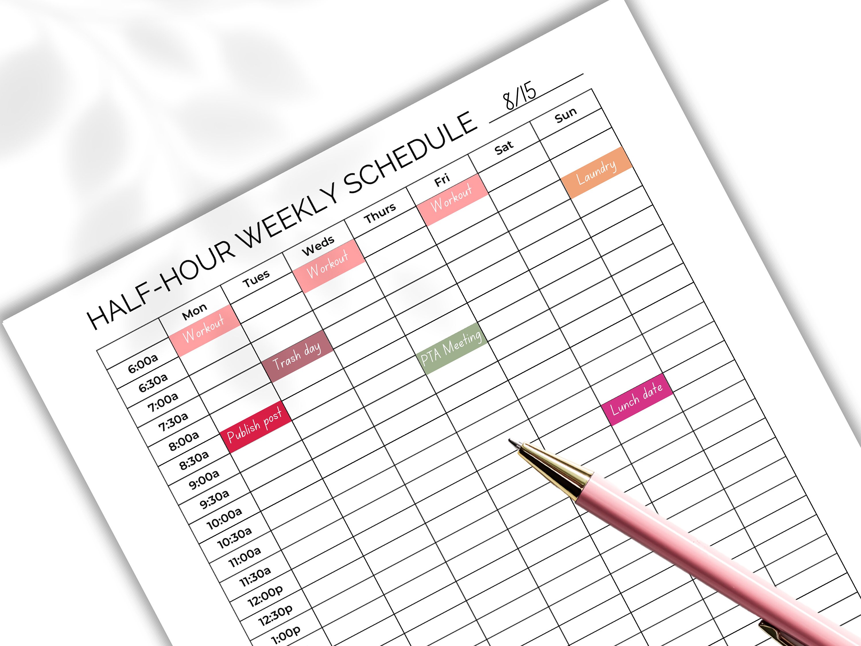Half Hour Weekly Planner. Block Style Schedule Included. Plot Out Your ...