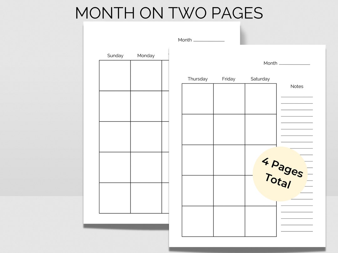 Month on Two Pages Calendar. Undated PDF. A Monthly Agenda Template ...