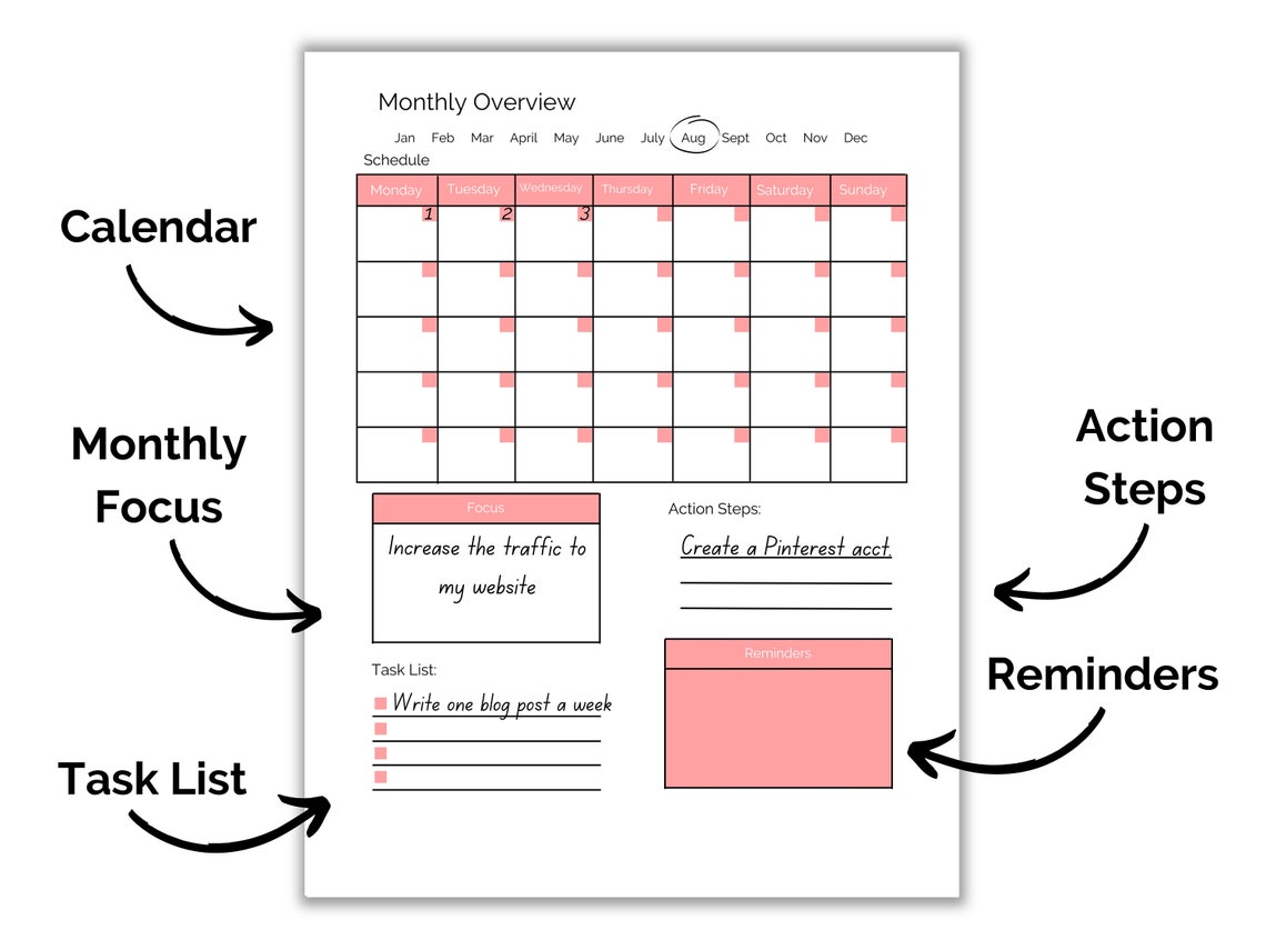 Monthly Overview Planner Printable. Month on One Page PDF. Has a Blank ...