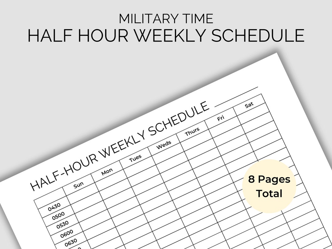 Half Hour Weekly Planner- Military Time. With Block Style. Plot Your ...